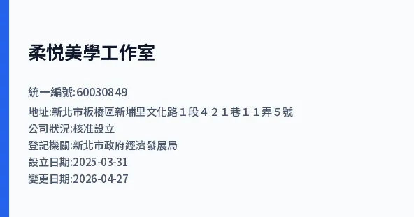 柔悦美學工作室的照片-統編 60030849(新北市) 公司登記資料與營業項目詳細圖表