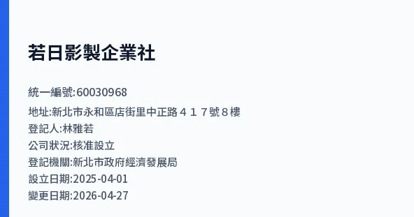 若日影製企業社的照片-統編 60030968(新北市) 公司登記資料與營業項目詳細圖表