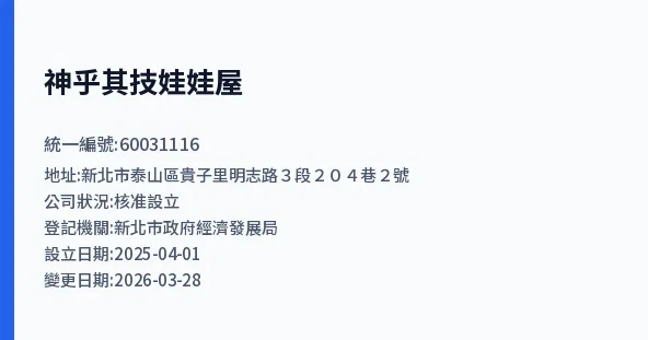 神乎其技娃娃屋的照片-統編 60031116(新北市) 公司登記資料與營業項目詳細圖表