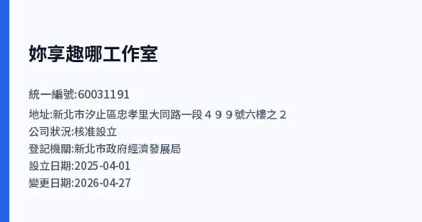 妳享趣哪工作室的照片-統編 60031191(新北市) 公司登記資料與營業項目詳細圖表