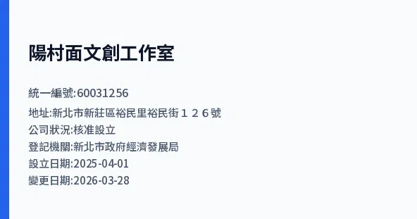 陽村面文創工作室的照片-統編 60031256(新北市) 公司登記資料與營業項目詳細圖表