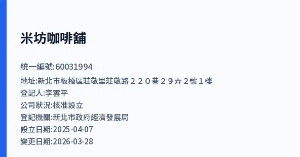 米坊咖啡舖的照片-統編 60031994(新北市) 公司登記資料與營業項目詳細圖表