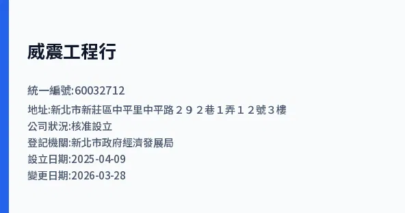 威震工程行的照片-統編 60032712(新北市) 公司登記資料與營業項目詳細圖表
