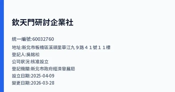 欽天門研討企業社的照片-統編 60032760(新北市) 公司登記資料與營業項目詳細圖表