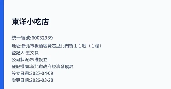 東洋小吃店的照片-統編 60032939(新北市) 公司登記資料與營業項目詳細圖表