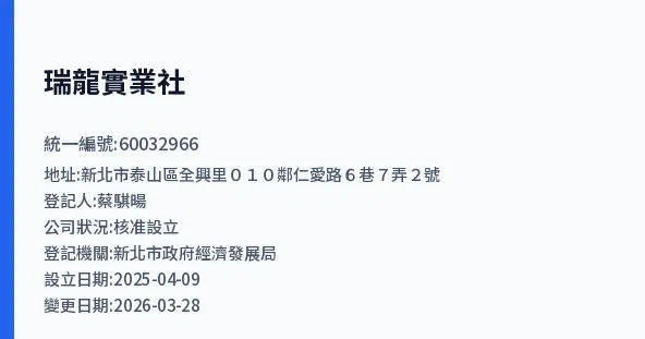 瑞龍實業社的照片-統編 60032966(新北市) 公司登記資料與營業項目詳細圖表