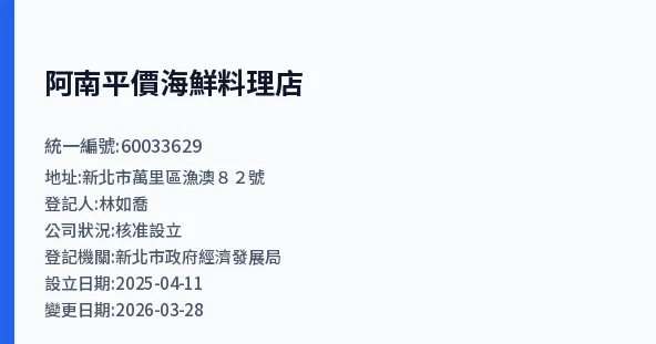 阿南平價海鮮料理店的照片-統編 60033629(新北市) 公司登記資料與營業項目詳細圖表