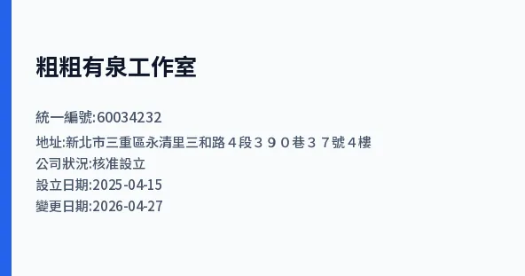 粗粗有泉工作室的照片-統編 60034232(新北市) 公司登記資料與營業項目詳細圖表
