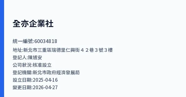 全亦企業社的照片-統編 60034818(新北市) 公司登記資料與營業項目詳細圖表
