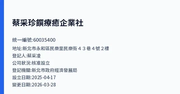 蔡采珍饌療癒企業社的照片-統編 60035400(新北市) 公司登記資料與營業項目詳細圖表