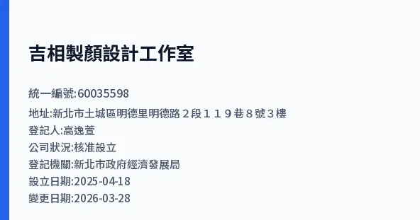 吉相製顏設計工作室的照片-統編 60035598(新北市) 公司登記資料與營業項目詳細圖表