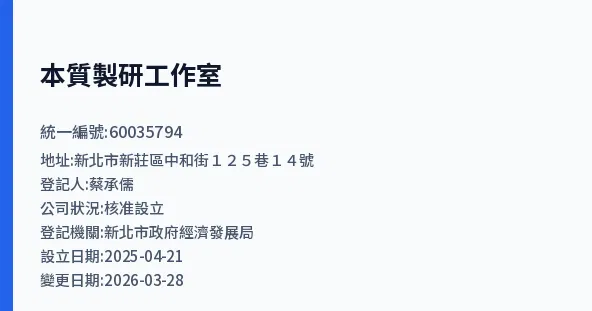 本質製研工作室的照片-統編 60035794(新北市) 公司登記資料與營業項目詳細圖表