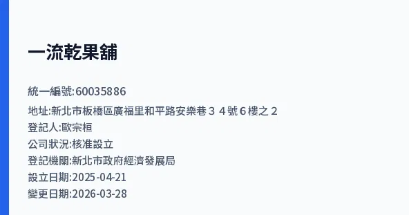 一流乾果舖的照片-統編 60035886(新北市) 公司登記資料與營業項目詳細圖表