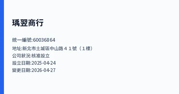 瑀翌商行的照片-統編 60036864(新北市) 公司登記資料與營業項目詳細圖表