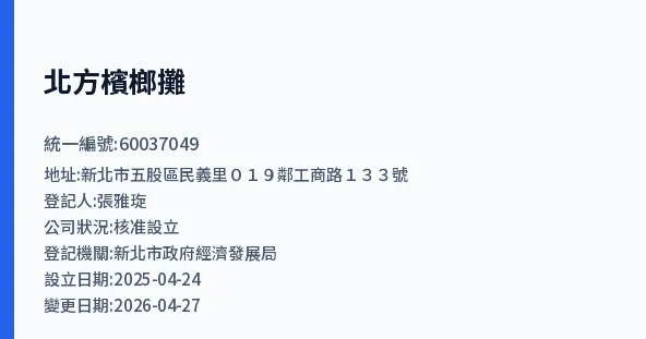 北方檳榔攤的照片-統編 60037049(新北市) 公司登記資料與營業項目詳細圖表