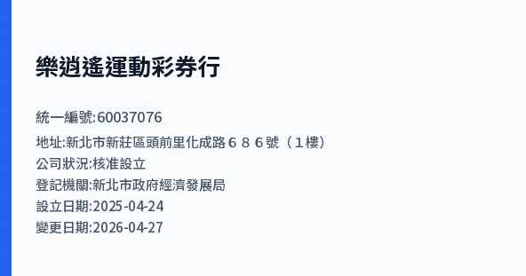 樂逍遙運動彩券行的照片-統編 60037076(新北市) 公司登記資料與營業項目詳細圖表