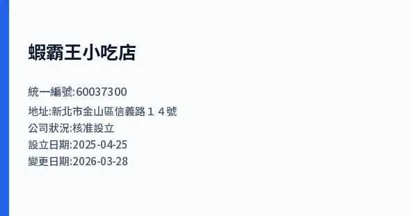 蝦霸王小吃店的照片-統編 60037300(新北市) 公司登記資料與營業項目詳細圖表
