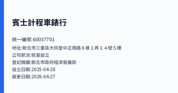 賓士計程車錶行的照片-統編 60037701(新北市) 公司登記資料與營業項目詳細圖表