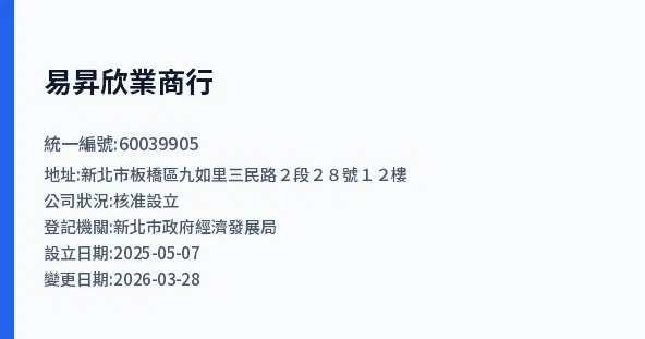易昇欣業商行的照片-統編 60039905(新北市) 公司登記資料與營業項目詳細圖表