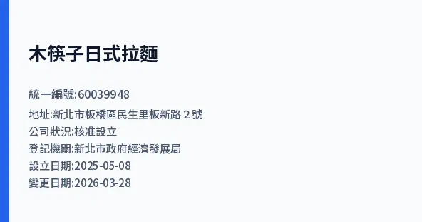 木筷子日式拉麵的照片-統編 60039948(新北市) 公司登記資料與營業項目詳細圖表