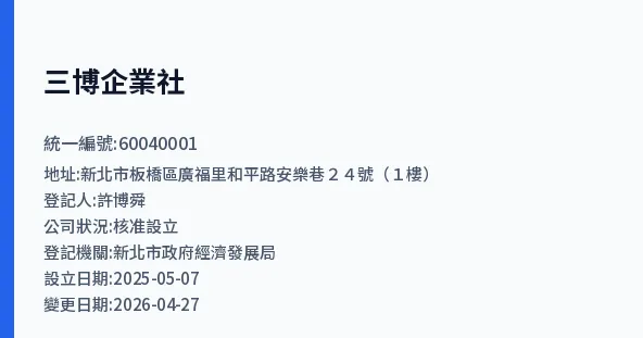 三博企業社的照片-統編 60040001(新北市) 公司登記資料與營業項目詳細圖表