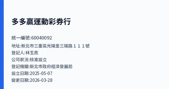 多多贏運動彩券行的照片-統編 60040092(新北市) 公司登記資料與營業項目詳細圖表