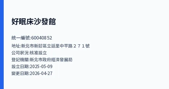 好眠床沙發館的照片-統編 60040852(新北市) 公司登記資料與營業項目詳細圖表