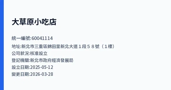 大草原小吃店的照片-統編 60041114(新北市) 公司登記資料與營業項目詳細圖表