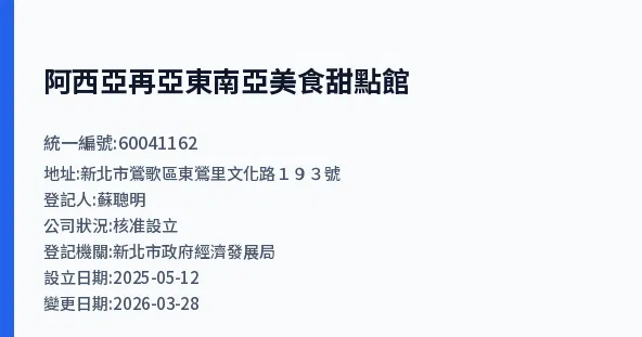 阿西亞再亞東南亞美食甜點館的照片-統編 60041162(新北市) 公司登記資料與營業項目詳細圖表