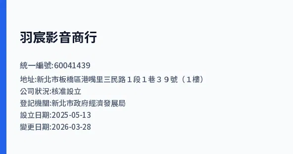 羽宸影音商行的照片-統編 60041439(新北市) 公司登記資料與營業項目詳細圖表