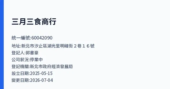 三月三食商行的照片-統編 60042090(新北市) 公司登記資料與營業項目詳細圖表