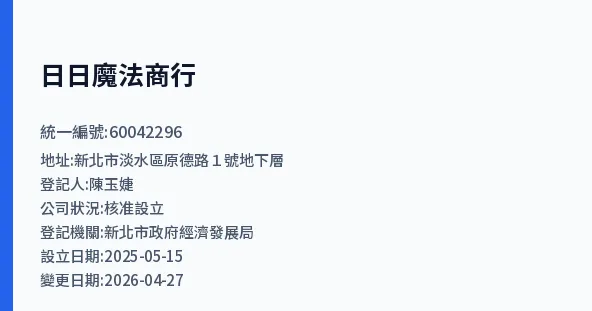 日日魔法商行的照片-統編 60042296(新北市) 公司登記資料與營業項目詳細圖表