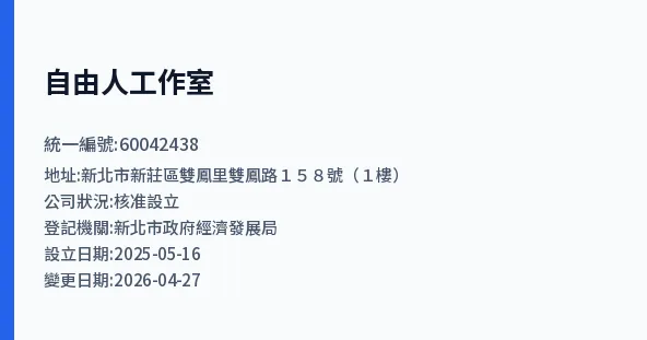 自由人工作室的照片-統編 60042438(新北市) 公司登記資料與營業項目詳細圖表