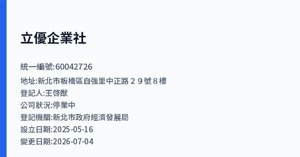立優企業社的照片-統編 60042726(新北市) 公司登記資料與營業項目詳細圖表