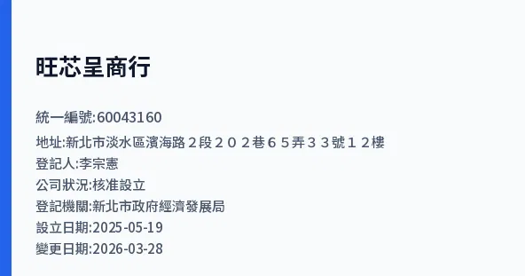 旺芯呈商行的照片-統編 60043160(新北市) 公司登記資料與營業項目詳細圖表