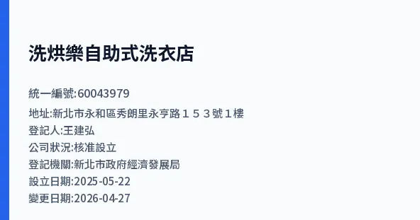 洗烘樂自助式洗衣店的照片-統編 60043979(新北市) 公司登記資料與營業項目詳細圖表