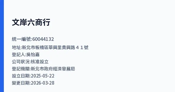 文岸六商行的照片-統編 60044132(新北市) 公司登記資料與營業項目詳細圖表
