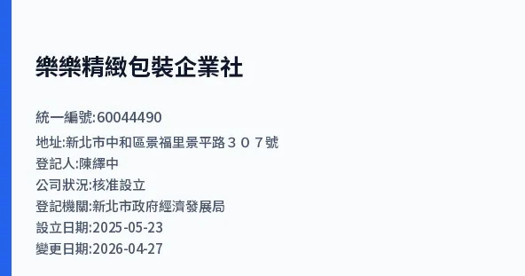樂樂精緻包裝企業社的照片-統編 60044490(新北市) 公司登記資料與營業項目詳細圖表