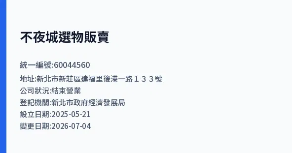 不夜城選物販賣的照片-統編 60044560(新北市) 公司登記資料與營業項目詳細圖表