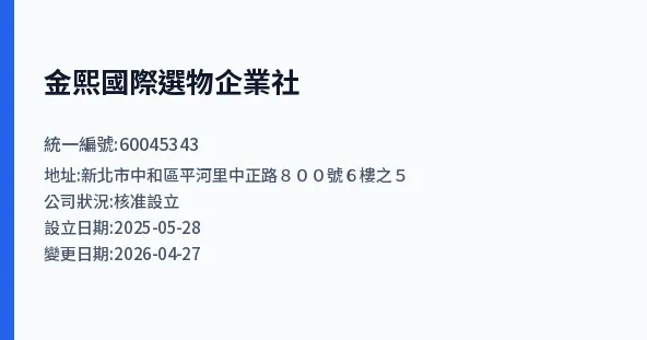 金熙國際選物企業社的照片-統編 60045343(新北市) 公司登記資料與營業項目詳細圖表
