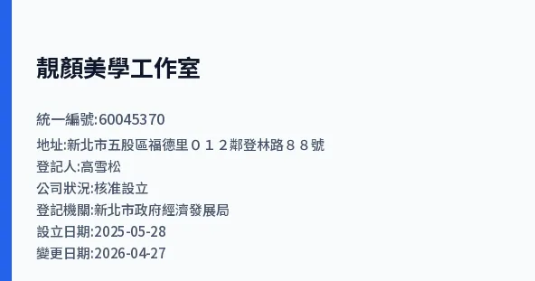 靚顏美學工作室的照片-統編 60045370(新北市) 公司登記資料與營業項目詳細圖表