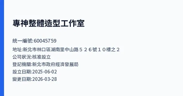 專神整體造型工作室的照片-統編 60045759(新北市) 公司登記資料與營業項目詳細圖表