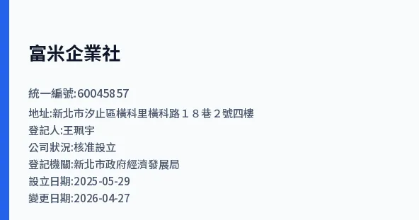 富米企業社的照片-統編 60045857(新北市) 公司登記資料與營業項目詳細圖表