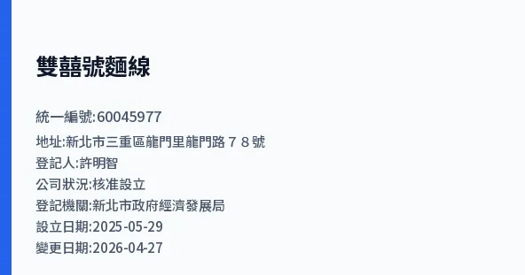 雙囍號麵線的照片-統編 60045977(新北市) 公司登記資料與營業項目詳細圖表