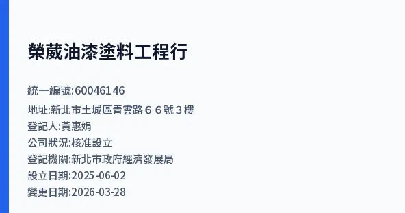 榮葳油漆塗料工程行的照片-統編 60046146(新北市) 公司登記資料與營業項目詳細圖表