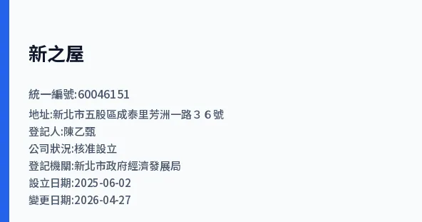 新之屋的照片-統編 60046151(新北市) 公司登記資料與營業項目詳細圖表