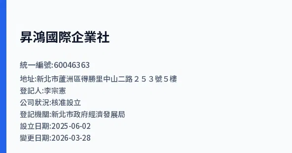 昇鴻國際企業社的照片-統編 60046363(新北市) 公司登記資料與營業項目詳細圖表