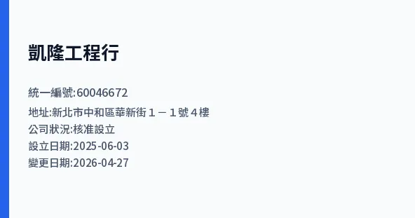 凱隆工程行的照片-統編 60046672(新北市) 公司登記資料與營業項目詳細圖表
