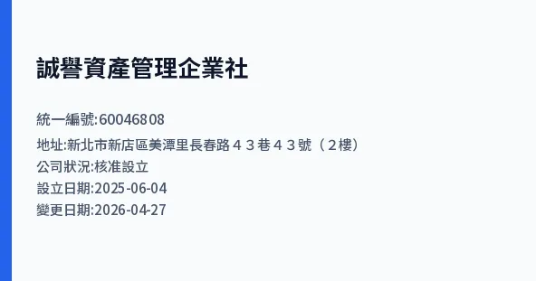 誠譽資產管理企業社的照片-統編 60046808(新北市) 公司登記資料與營業項目詳細圖表