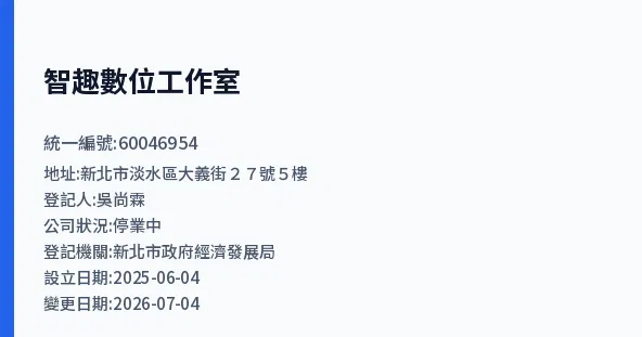 智趣數位工作室的照片-統編 60046954(新北市) 公司登記資料與營業項目詳細圖表